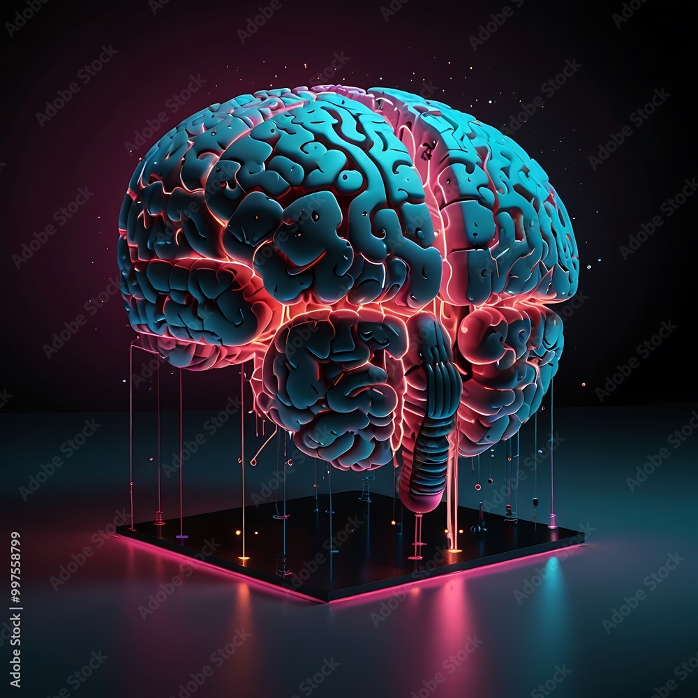 An artistic representation of the brain with sections lit up or ...