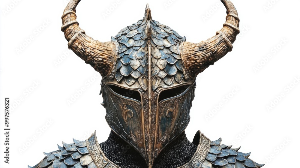 Intricate warrior helmet featuring detailed scales and imposing horns ...