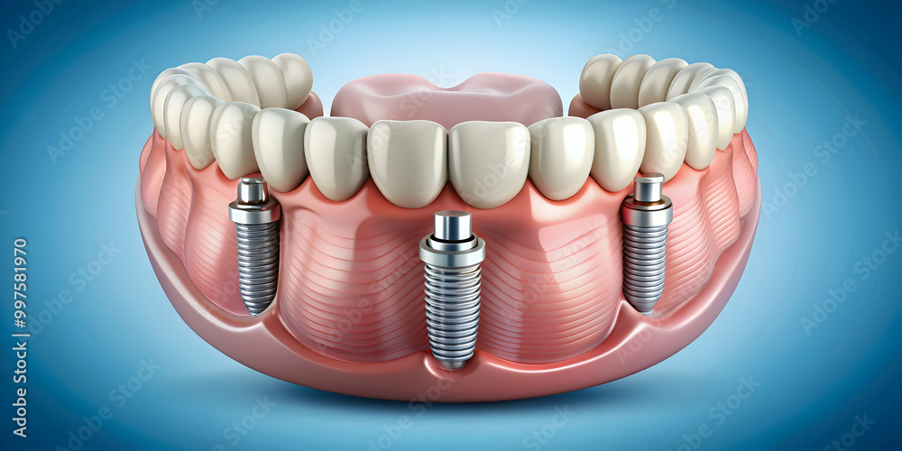 render of realistic dental jaw with teeth and molar implant, dental ...