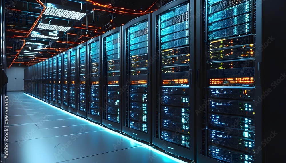 High-tech network server room featuring fiber optic cables, advanced ...