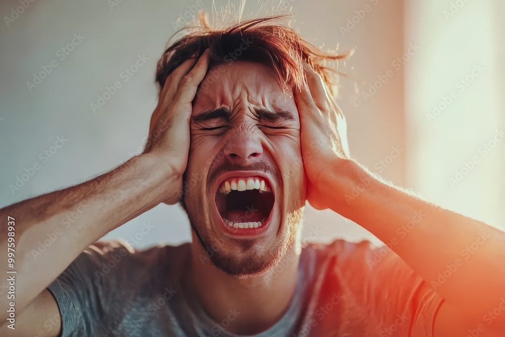 Person in a state of agony mouth open in a scream gripping their head ...