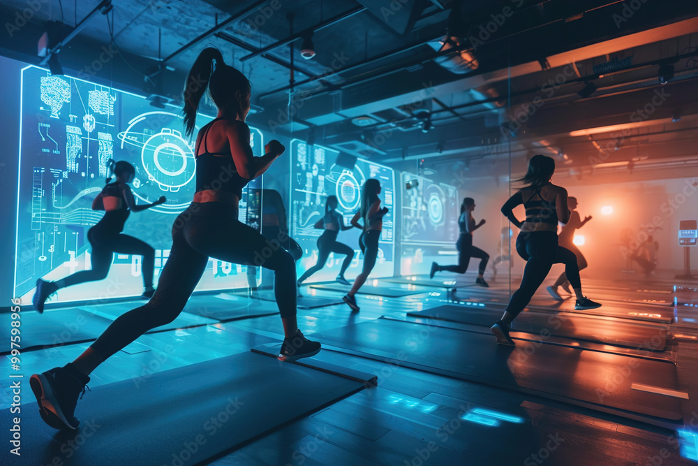 High-Tech Fitness Studio, People working out in fitness studio equipped ...