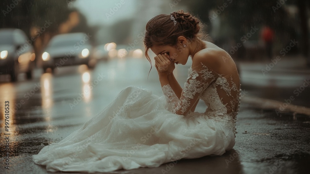 Sad beautiful Young bride sitting on street in wedding day,crying with ...