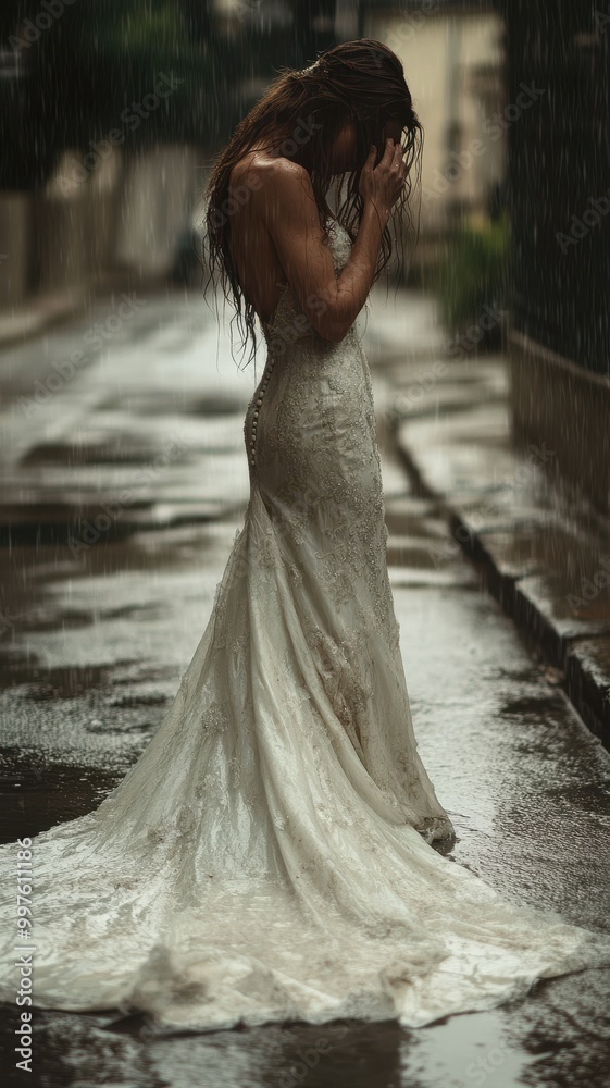 Sad beautiful Young bride sitting on street in wedding day,crying with ...