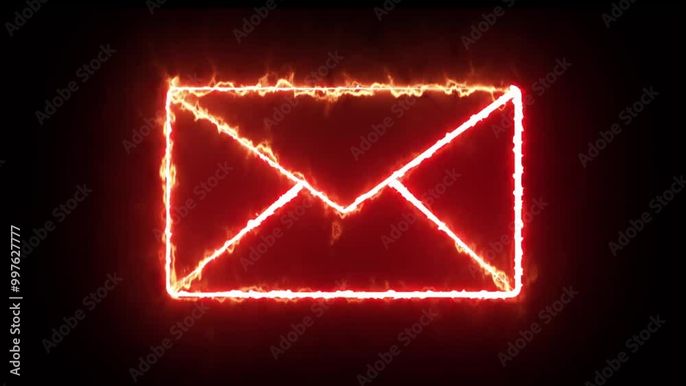 Neon fire red mail envelope icon animated on black background. glowing ...