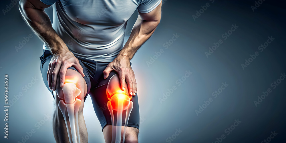 2D of a man with a painful knee joint, highlighting the kneecap, in a ...