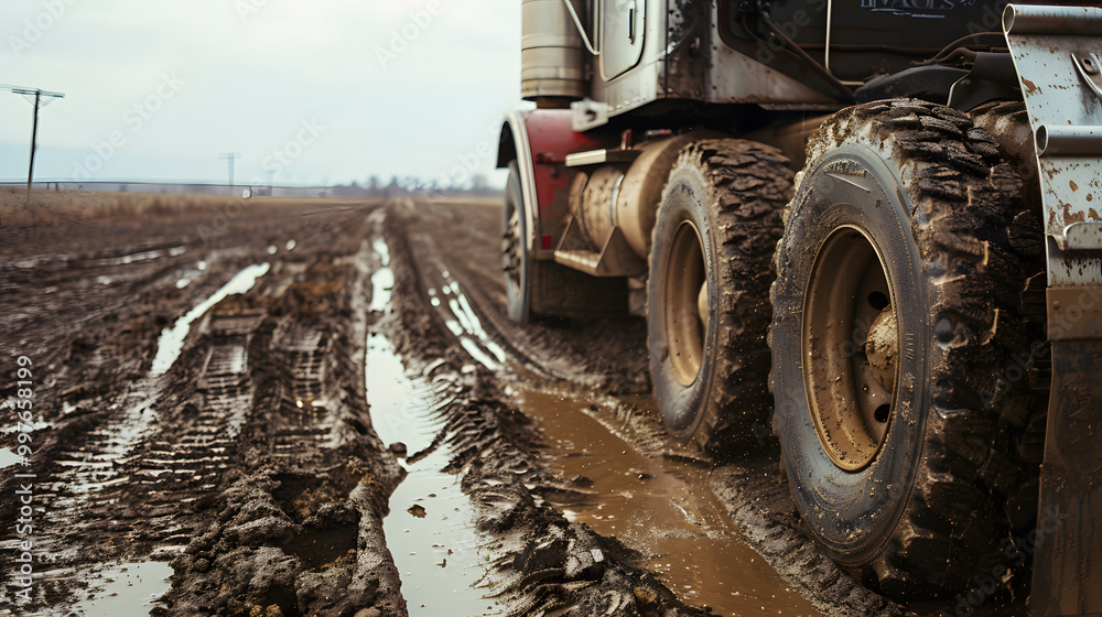 big rig truck maneuvering through muddy field, showcasing its powerful ...