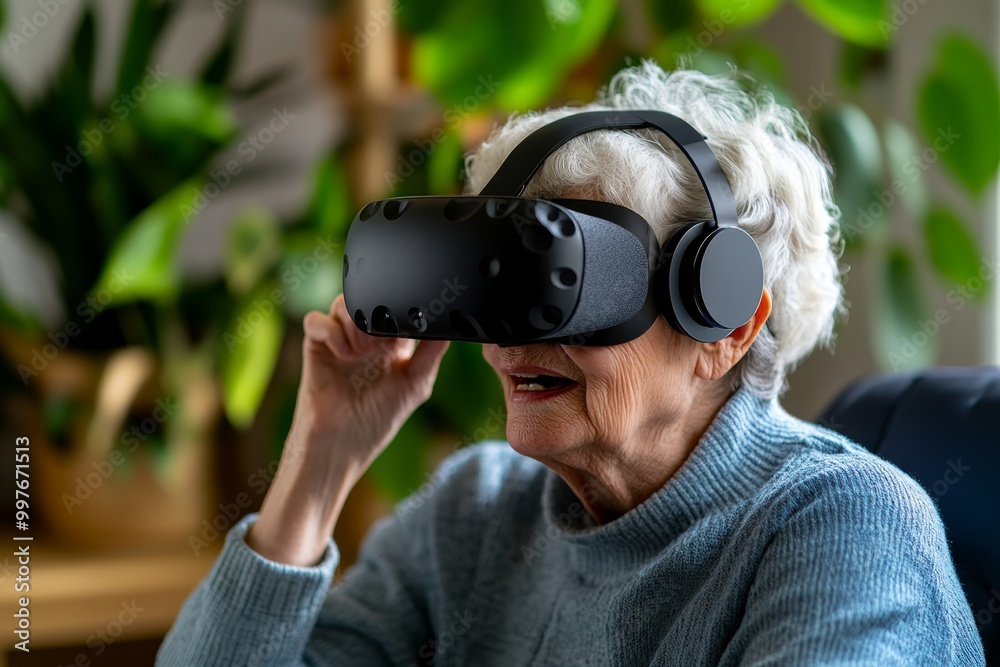 Elderly person using VR to visit virtual museums or faraway places ...