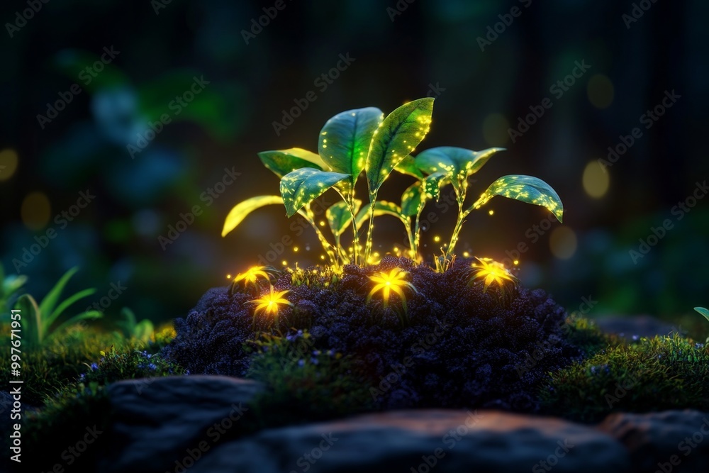 Fantasy biofuel forest, where mythical creatures harvest glowing plants ...