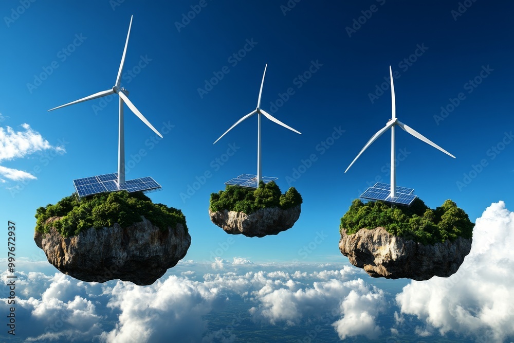 Fantasy wind farm, where floating islands in the sky are equipped with ...
