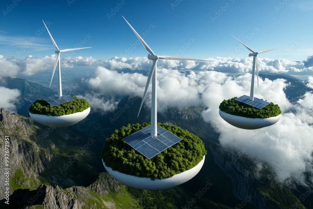 Fantasy wind farm, where floating islands in the sky are equipped with ...