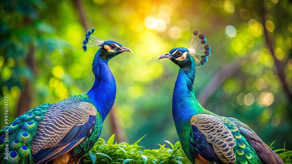 Majestic peacocks, both male and female, flaunt their vivid feathers ...