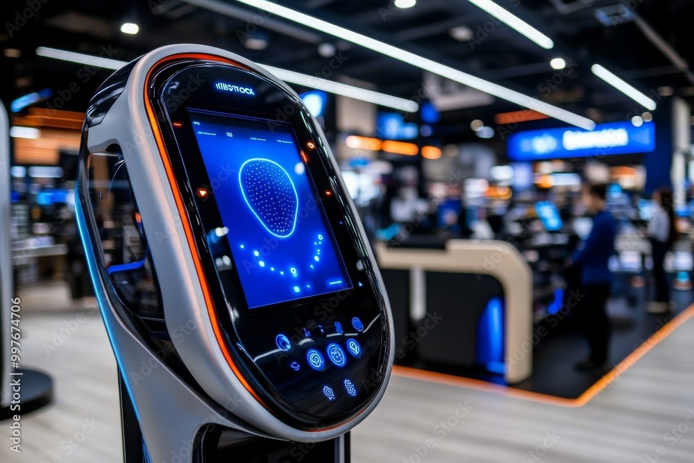 Futuristic data collection terminal, where AI-driven interfaces collect ...