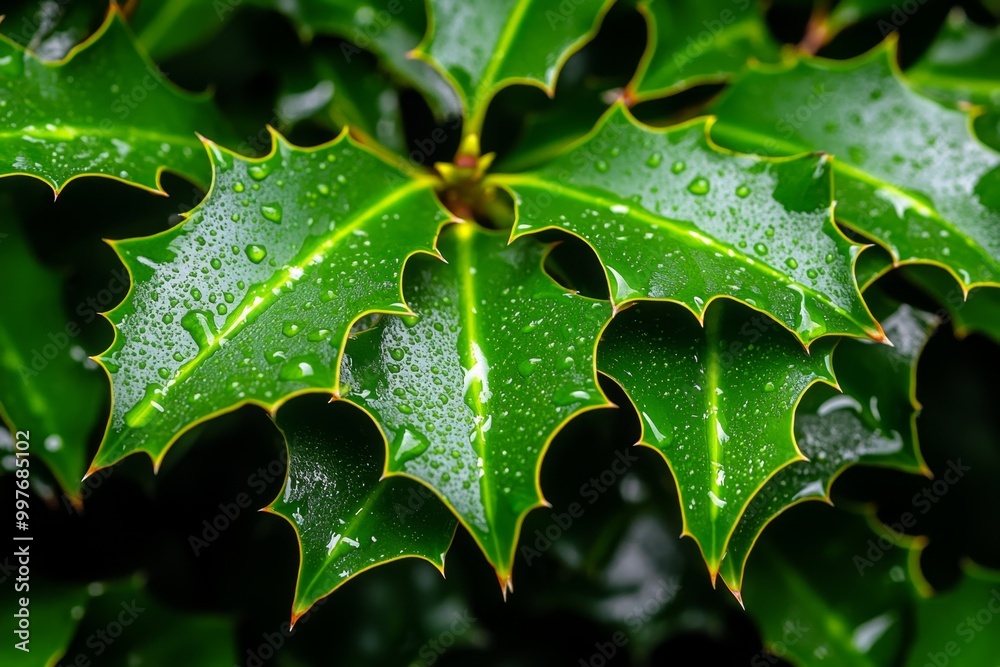 Realistic close-up of Mahonia aquifolium leaves, with sharp, spiny ...
