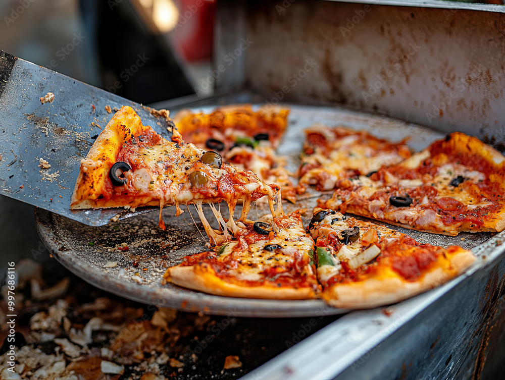 Delicious leftover pizza slices being scraped from tray, showcasing ...