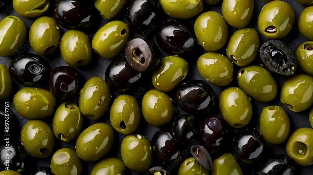 A close-up of various olives, showcasing their different colors and ...