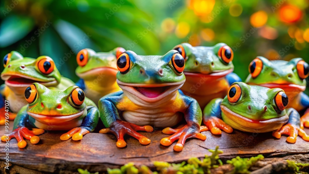 Whimsical frog poses and expressions showcased in nature create a ...