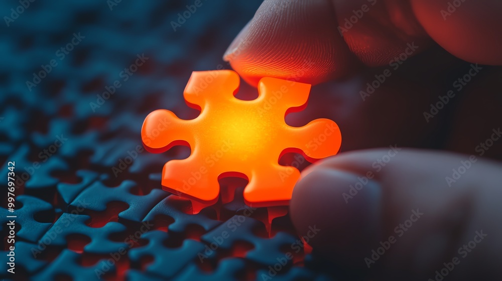Hands holding a glowing 3D puzzle piece, fitting it into a larger ...