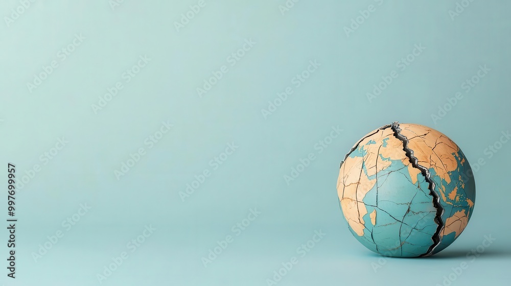 Global economy symbolized by a cracked earth globe split by a steel ...