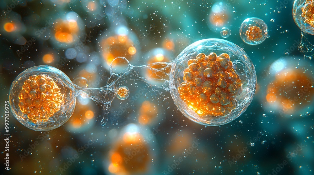 Multiple golden bubbles moving fluidly through a complex matrix of ...