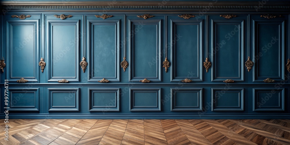 Elegant Dark Blue Wainscoting and Herringbone Wooden Floor in Formal ...