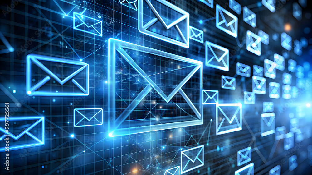 Floating digital icons of emails and messages in a futuristic setting ...