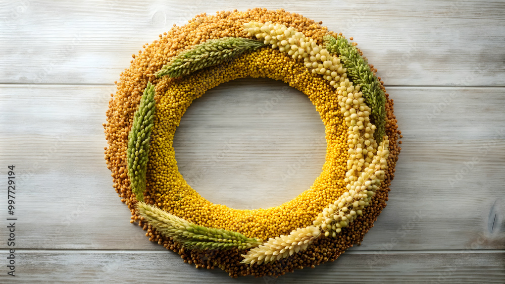 Wreath made of various millets for Year of the Millets celebration ...