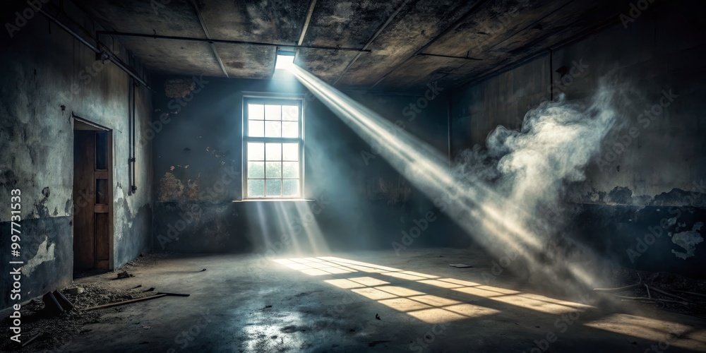 Mystical Abandonment Enigmatic Light Beams in Derelict Room, Industrial ...