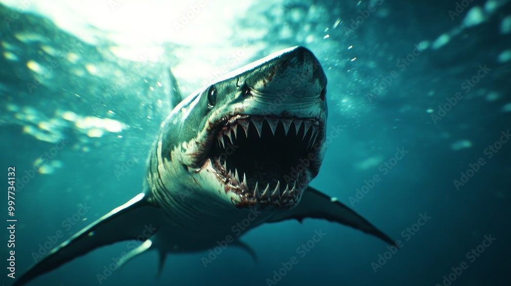 A close-up of a fierce shark's rugged face, showing its sharp teeth ...