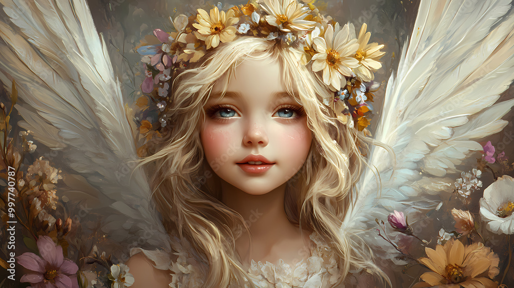 Cute little angel with wings in a wreath of flowers, vintage style ...