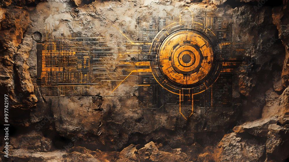 Ancient cave paintings on weathered stone walls depict alien technology ...