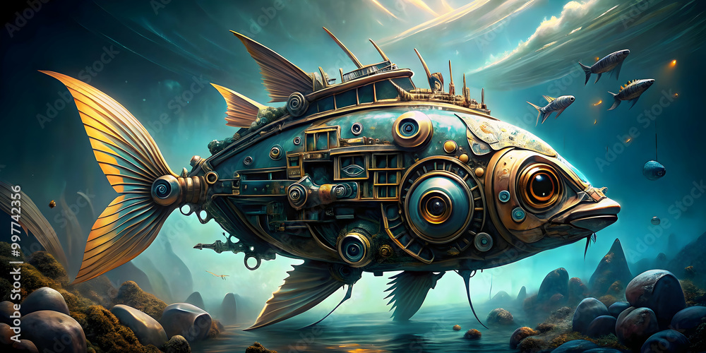 Futuristic mechanical fish swimming in digital ocean, technology ...