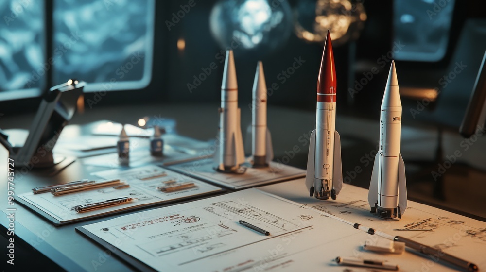 On a desk in a dimly lit workspace, several model rockets stand ...