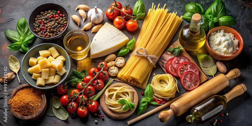 Assorted Italian food items on a dark background, Italian, cuisine ...