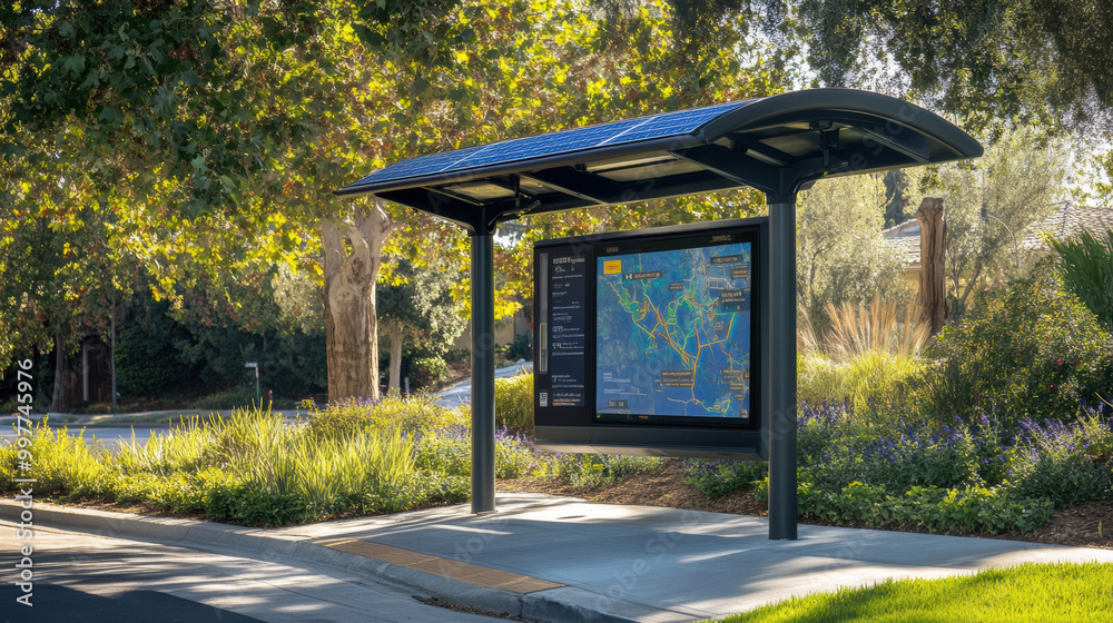 modern solar powered bus stop featuring digital map display, surrounded ...