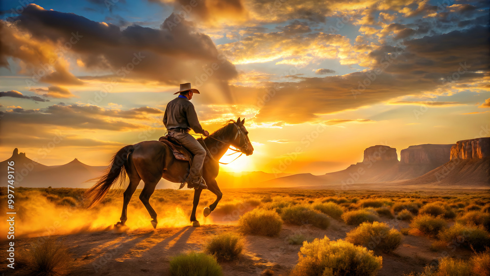Cowboy culture in Western America with a cowboy riding a horse in a ...