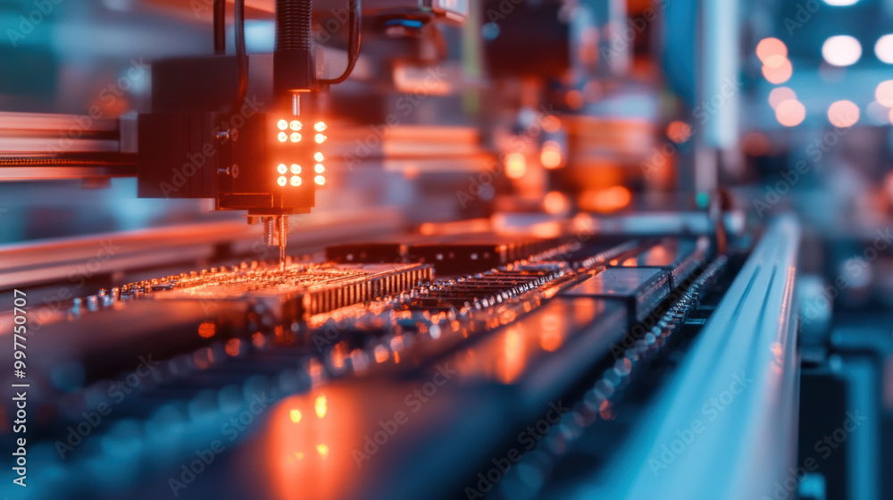 Automated machines performing surface mount technology (SMT) in factory ...