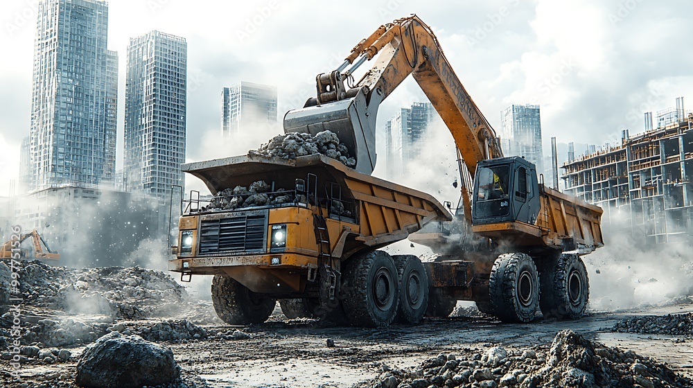 A large excavator loading rocks into a dump truck in an industrial zone ...
