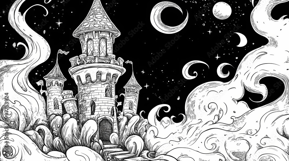 Fantasy wizard tower, enchanting wizards tower encircled by swirling ...