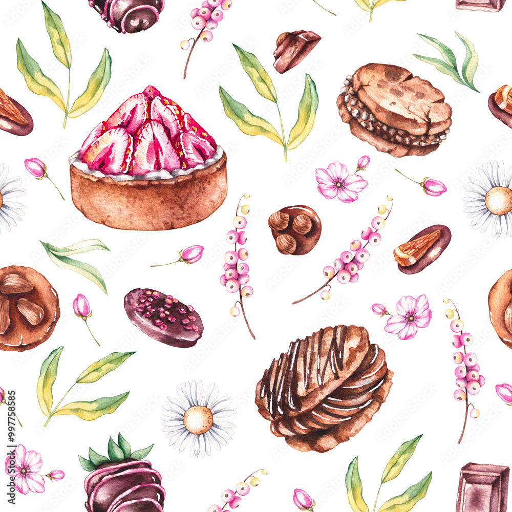 Dessert pattern. Watercolor patterns with sweets and flowers on a white ...