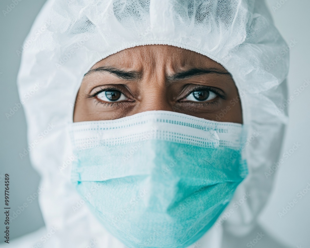 Concerned Female Healthcare Worker in Full Protective Gear, Capturing ...