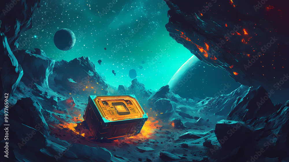 Space explorer finding an alien treasure trove on a distant planet ...