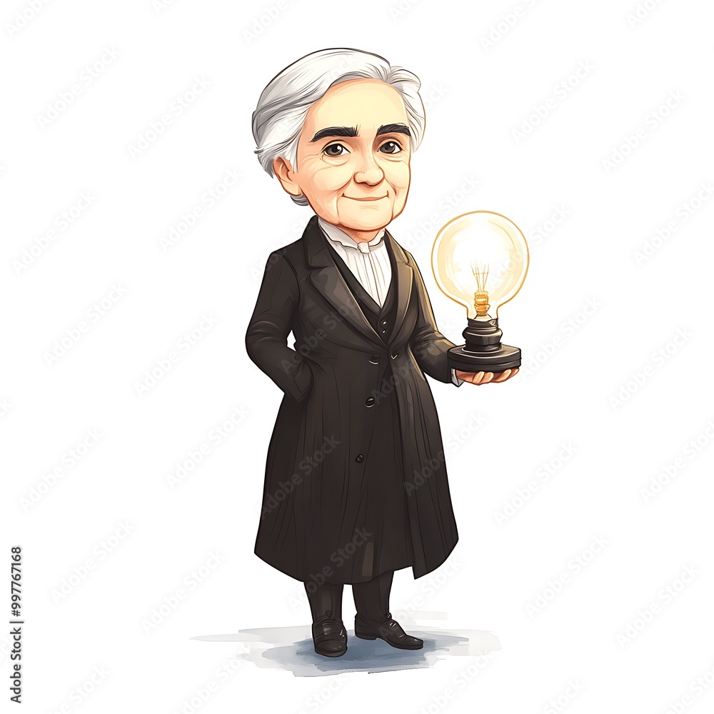 Cartoon Illustration of Thomas Edison Holding a Lightbulb. Stock ...