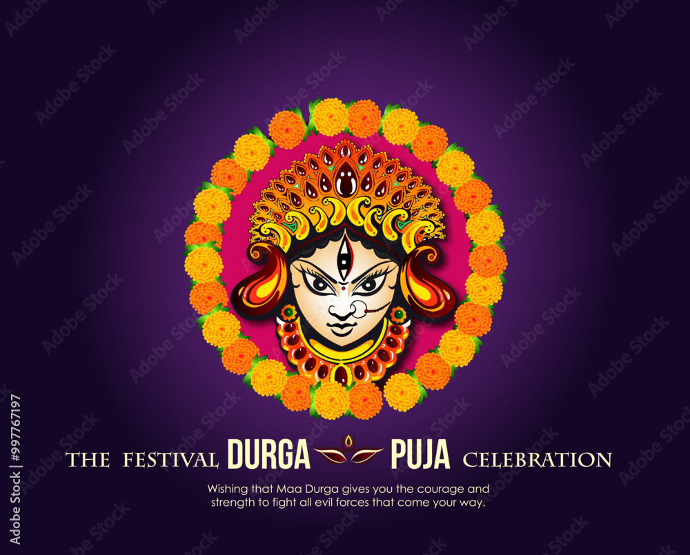 illustration of Goddess Durga in Happy Dussehra Navratri background with text in Hindi Shubh ...