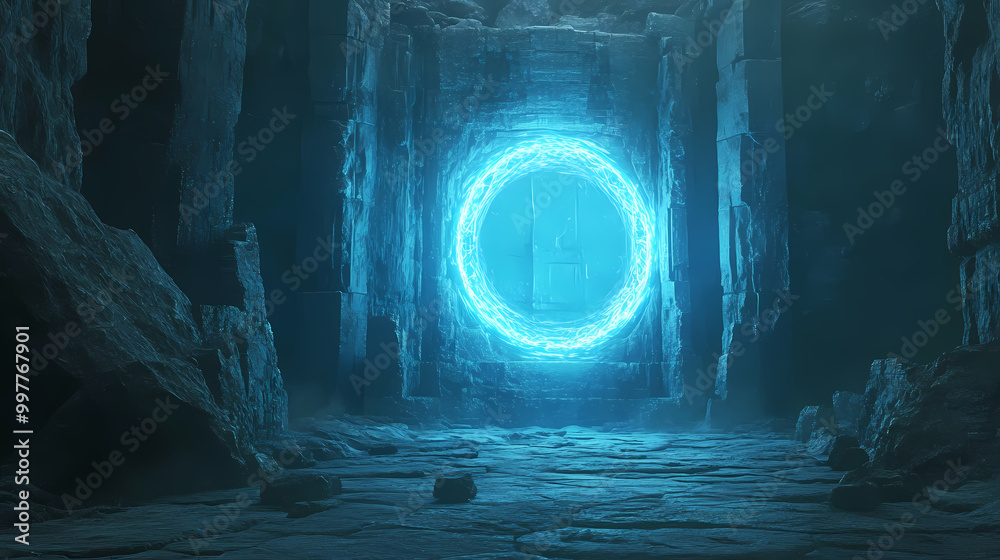 Mysterious glowing blue portal in a dark, ancient stone structure ...