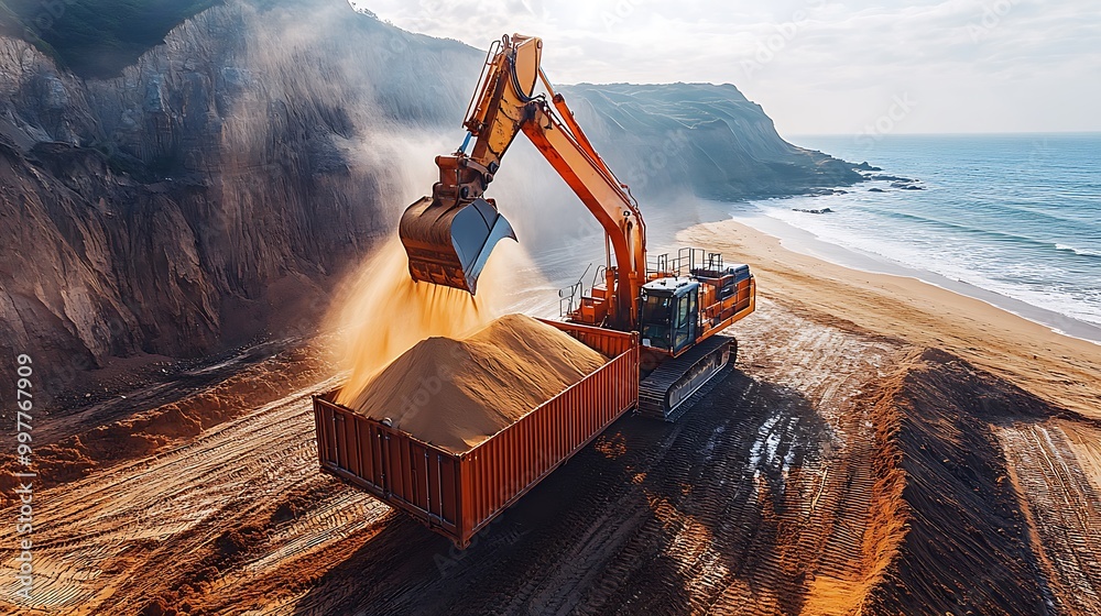 Excavator lifting sand into a shipping container at a coastal ...