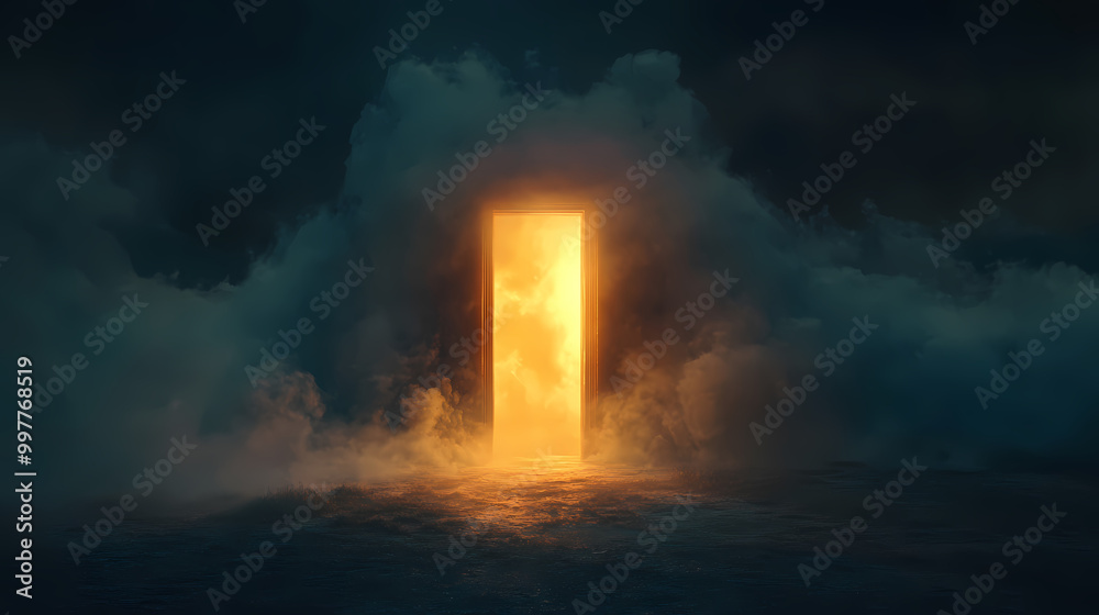 Mystical gateway between heaven and hell, light shining from an open ...
