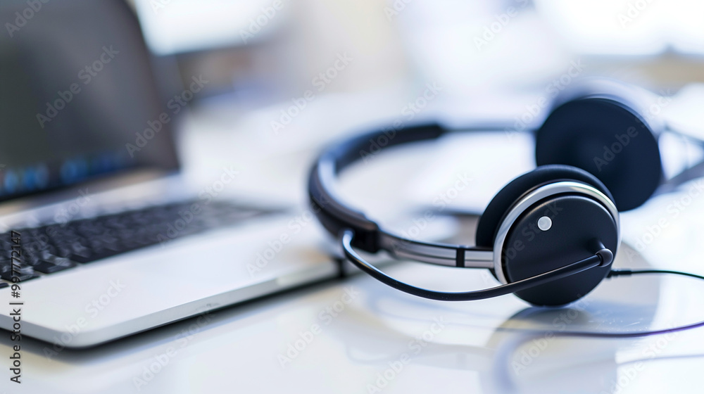 Black Headset and Microphone Setup on Desk with Laptop, Effective ...