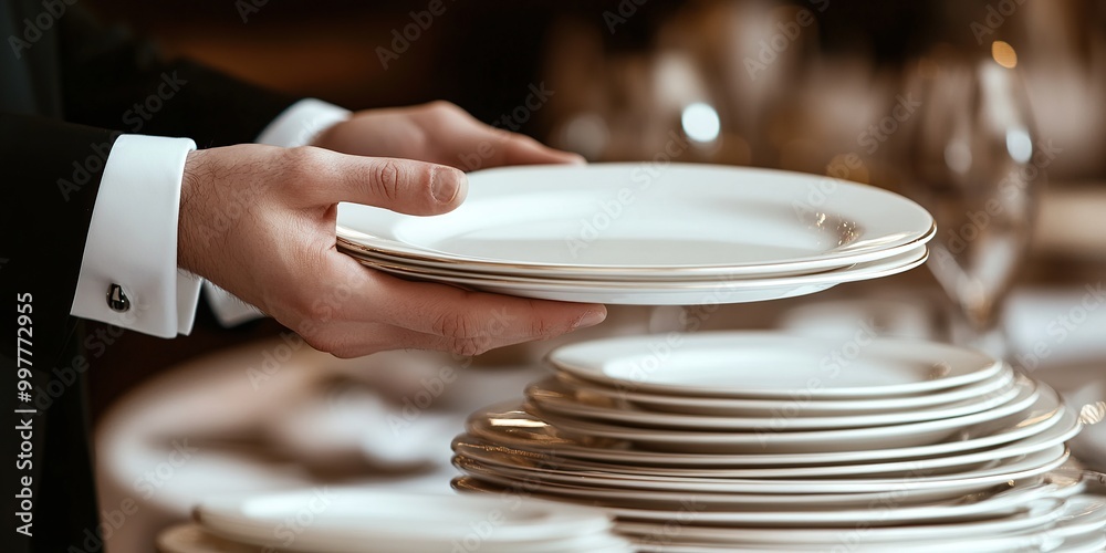 The butler's hand is holding the white plate, which stands on top of ...