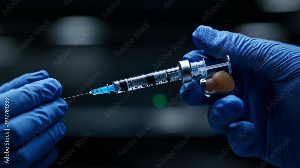 Preparing Vaccine Dose: Close-up of gloved hands carefully handling a ...